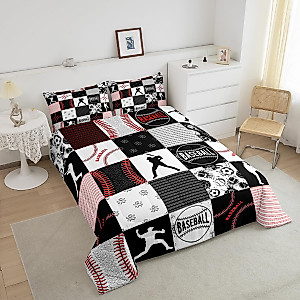 Erosebridal Twin Kids Baseball Comforter Set Softball Bedding Set Sports Game Quilted Comforter for Kids Patchwork Down Comforter Baseball Gift Duvet Insert 2pcs, Red Black Gray,Twin