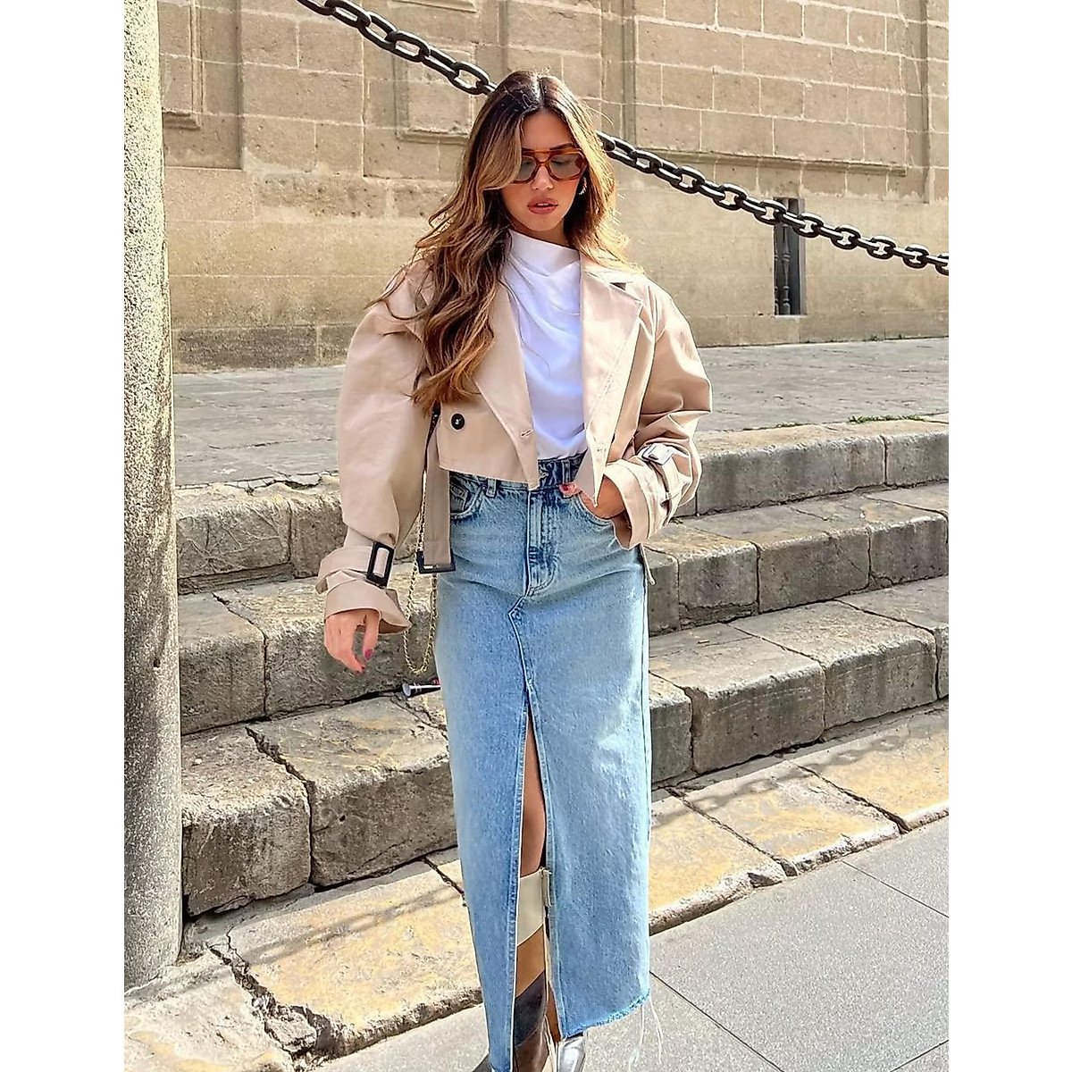 Faleave Womens Cropped Jacket Long Sleeve Belted Trench Coat Solid Color(Khaki-M)