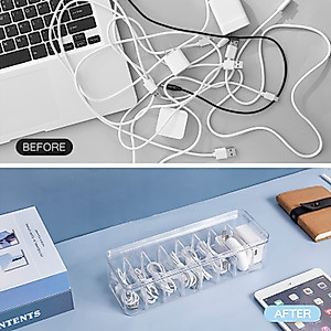 Yesesion Clear Plastic Cable Organizer Box with Adjustment Compartments, Desk Accessories Storage Case with Lid and 10 Wire Ties for Drawer, Office, Art Supply, Electronic Management