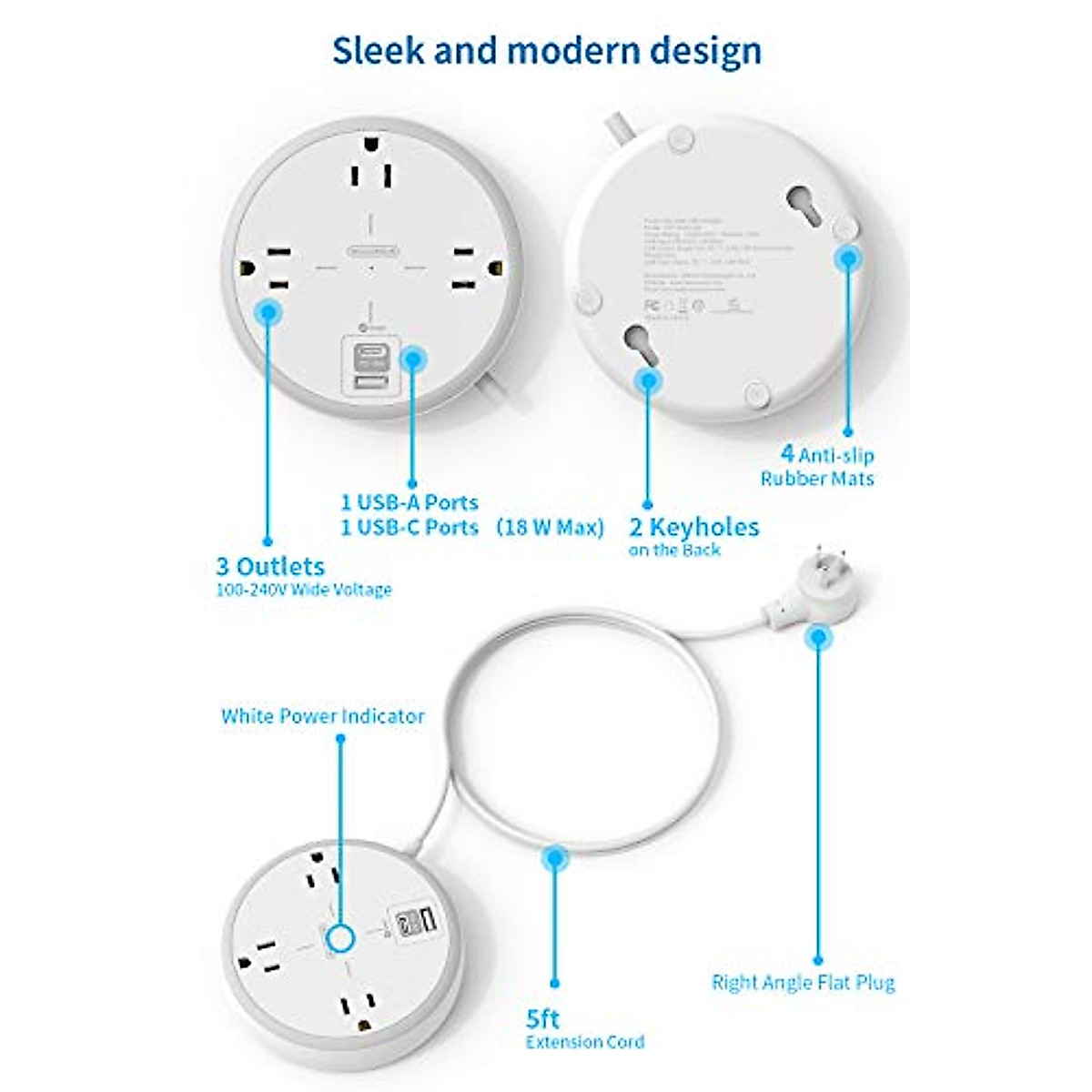 Power Strip with USB C, NTONPOWER Flat Plug Power Strip with USB Ports, 3 Widely Spaced Outlets, Extension Cord with Multiple Outlets, Small and Compact Size,100-240V for International Travel