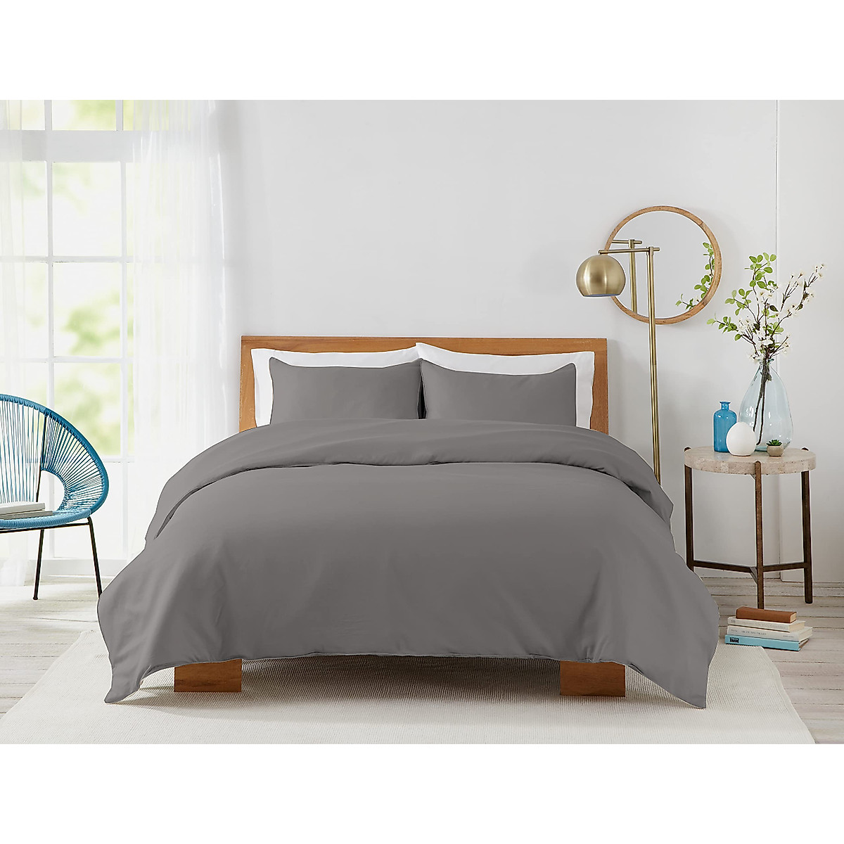 Lanwood Home 100% Cotton Sateen 450 Thread Count 3-Piece Duvet Cover Set, Twin, Grey
