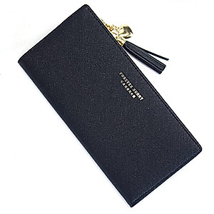 SUMGOGO Slim Wallet for Women Long Tassel Zipper Clutch Purse Handbag Card Case Wallet (Black)