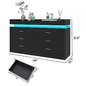 Hlivelood 6 Drawer Dresser with LED Light and Charging Station, Modern Chest of Drawers for Closet, Wide Drawer Organizer Cabinet for Bedroom, Living Room, Entryway, Hallway(Black)