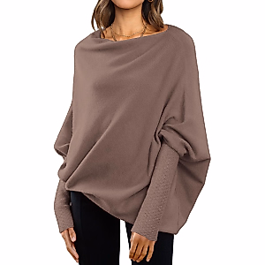 LILLUSORY Womens Batwing Oversized Sweaters Assymetrical Off The Shoulder Boat Neck Wrap Tunic Tops Fall Fashion Cloth Outfit Nutmeg Large