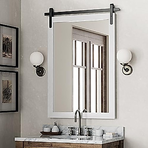 White Framed Bathroom Mirror, 24x36 Inch Wood Frame Vanity Mirror, Farmhouse Wall Mounted Rectangle Barn Door Dressing Mirrors (Lean/Vertical)