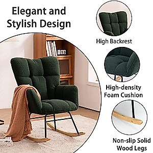 Krinana Teddy Fabric Nursery Rocking Chair, Rocker Armchair with Solid Wood Legs, Glider Chair Nursery with High Backrest for Living Room Apartment (Teddy Fabric,Green)