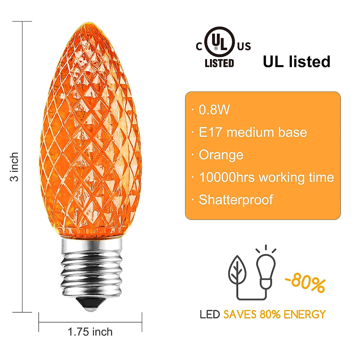 25 Pack C9 Led Replacement Halloween Light Bulb, Orange C9 Shatterproof Led Bulb for Halloween String Light, E17 Intermediate Base, Commercial Grade Dimmable Bulbs