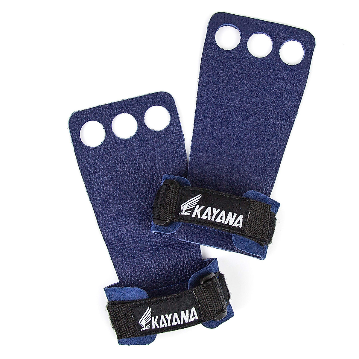 KAYANA 3 Hole Leather Gymnastics Hand Grips - Palm Protection and Wrist Support for Cross Training, Kettlebells, Pull ups, Weightlifting, Chin ups, Workout, & Exercise (Blue, Small)