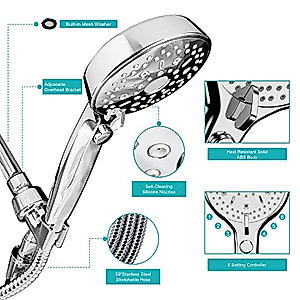 Goldenhome 12 Spray Setting Handheld Shower Head with ON/Off Pause Switch, 4.8" Showerhead with 6ft Stainless Steel Hose and Adjustable Angle Bracket, Chrome