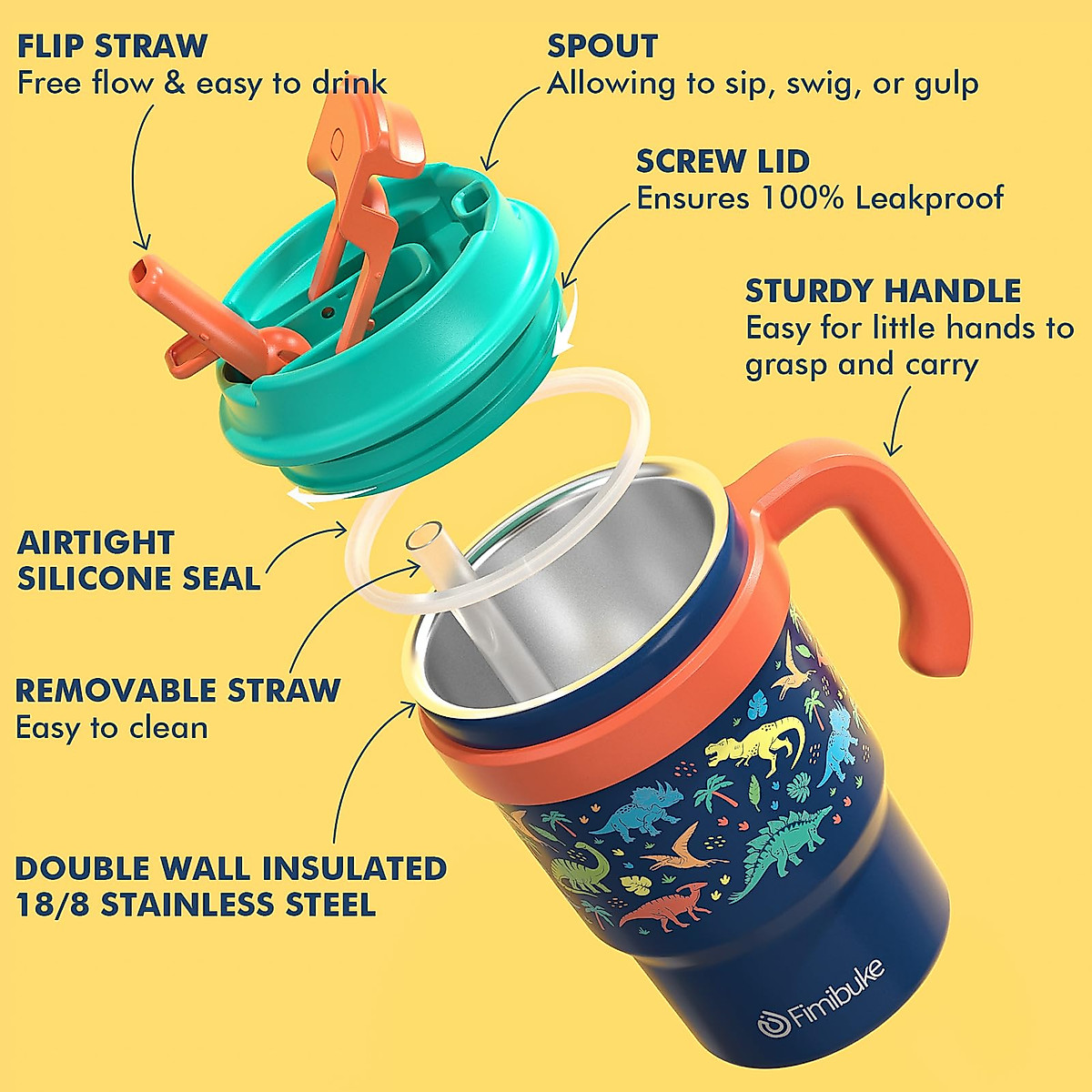 Fimibuke 16oz Kids Insulated Tumbler with Handle & Straws - 2 Pack BPA FREE 18/8 Stainless Steel Toddler Cups with Sip/Swig 2-in-1 Lids, Leak Proof Kid Drinking Cup Travel Mugs for Children Boys Girls