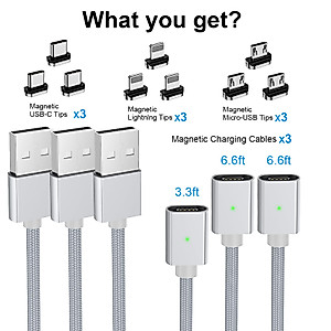 Magnetic Charging Cable 3A Fast Charging(3 Pack,3.3/6.6/6.6ft) 3 in 1 Magnetic Phone Charger with LED Light, Nylon Braided, for Lightning/USB-C/Micro-USB Device