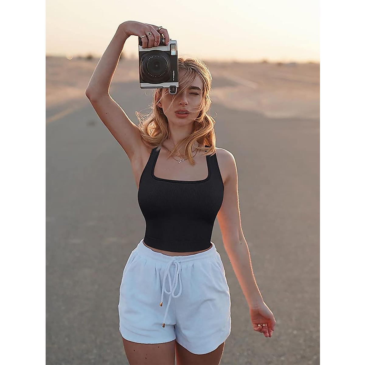 OQQ Women's 3 Piece Tank Tops Ribbed Seamless Workout Exercise Shirts 2025 Summer Basic Camis Black Candyblue White