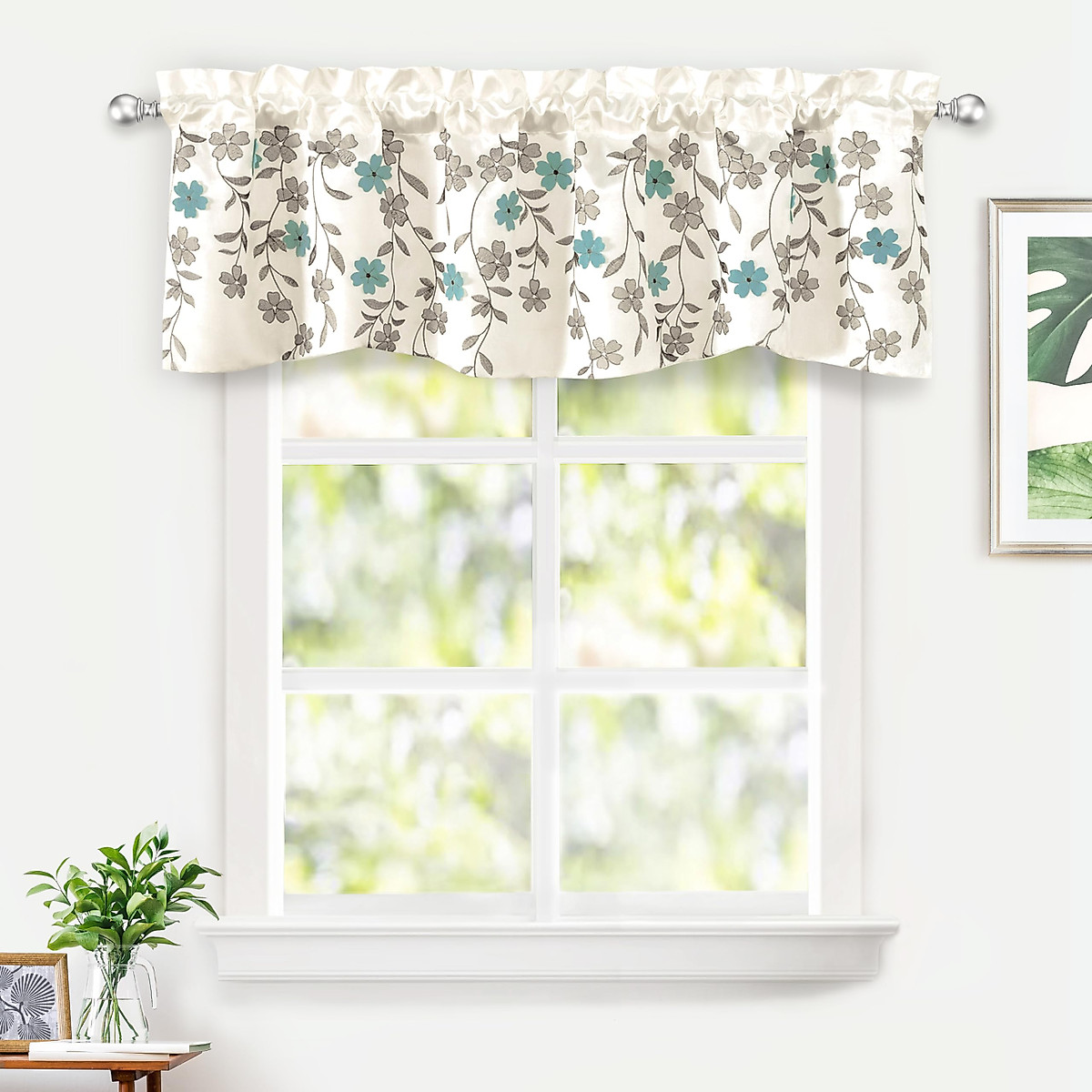 DriftAway Isabella Faux Silk Embroidered Kitchen Swag Valance Embroidered Crafted Flower 2 Pack 60 Inch by 18 Inch Plus 1.5 Inch Header Ivory Blue