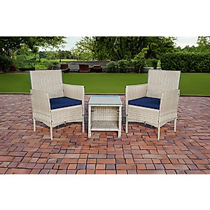 BTEXPERT Outdoor Wicker Conversation 3 Piece Bistro Set Garden Patio Yard Porch Furniture Space Saving Pe Rattan 2 Chairs Cushions Side Storage Glass Table Stone Gray/Navy Blue 3pc