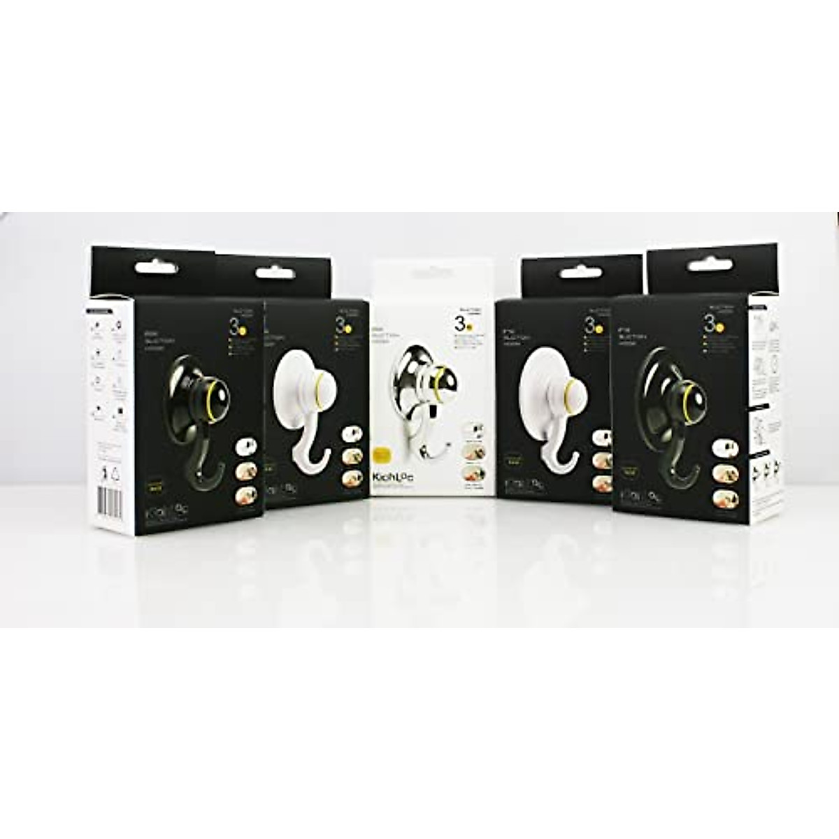 KiahLoc Patented Yellow Ring Indicator Suction Cup Hooks, Kitchen Hooks Removable Wall Vacuum Holder for Smooth Tile, Glass and Mirror( 4 Pack) (#56 (6.6 LB), Chrome)