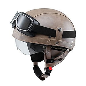 DOT Approved Motorcycle Half Helmet, Open Face Leather Helmet, with Goggles, Scooter Moped Chopper Electric Bicycle ATV Retro Helmet, Suitable for All Seasons, for Adults Unisex Youth-B-Small