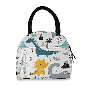 OREZI Dinosaur Lunch Bag, Reusable Cute Lunch Box Insulated Kids Cooler Tote Bag Multi-functional School Lunch Container for Teen Boys Girls (White) (multi 1)
