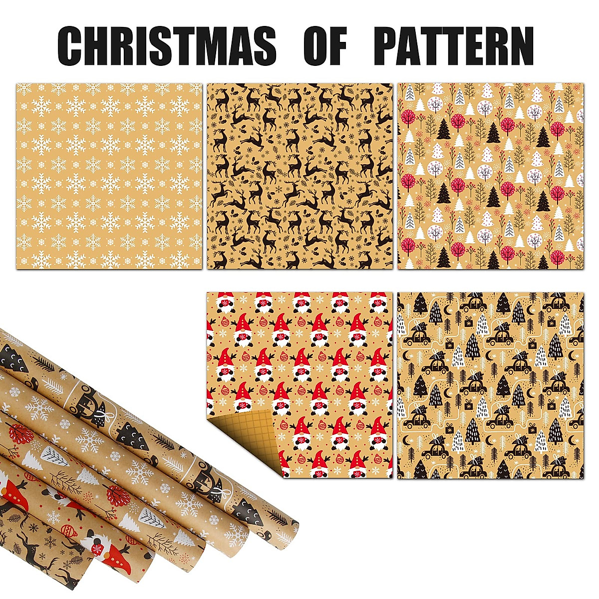 KIMOBER 5 Rolls Christmas Wrapping Paper,Brown Kraft Paper with Xmas Elements and Cut Lines on Reverse(17in × 118in Per Roll)