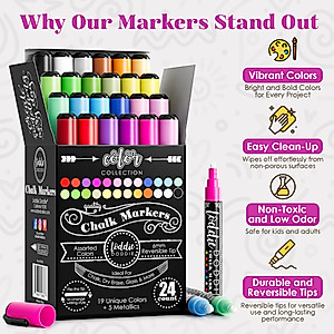 Loddie Doddie Liquid Chalk Markers | Dust Free Chalk Pens - Perfect for Chalkboards, Blackboards, Windows and Glass | 6mm Reversible Bullet & Chisel Tip Erasable Ink (Pack of 24)