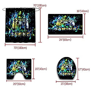 kodhyvj 4 PCS Gaming Bathroom Sets for Boys Game Shower Curtain Set with Curtain,Rug,Toilet Cover and U Shaped Mat Video Gamer Bathroom Decor with 12 Hooks