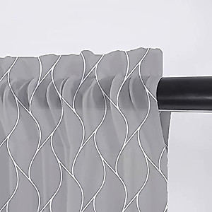 Semi-Sheer Valance Curtains, Grey Gold Wave Abstract Art Foil Print Pattern Small Window Treatment Panel - 54 x 18 Inch, White Thin Line Rod Pocket Tier Curtain Valances for Kitchen Sink Living Room