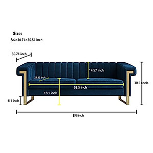 JULYFOX Blue Velvet Couch Channel Tufted, 84 inch Wide Mid Century Modern Living Room Sofa Extra Wide Armrest 700 lb Heavy Duty Updated Chesterfield Design