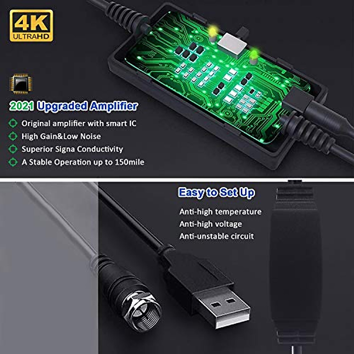 AOHE Indoor HDTV Antenna, Digital TV Antenna Up to 120 Miles Range, Antenna with Amplifier Signal Booster, Support 4K 1080P VHF UHF