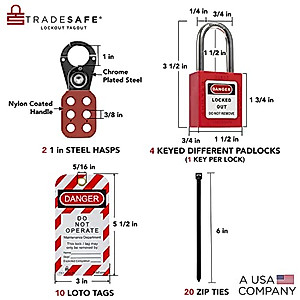 TRADESAFE Professional Lockout Tagout Kit - Loto Locks, Gate Valve Lock, Ball Valve Lockout, Circuit Breaker Locks, Hasps, Plug Lock, Cable Lockout, Tag Out Tags and Ties Set (1 Key Per Lock) Red