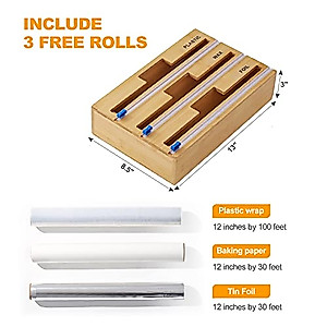 Saran Wrap Organizer with Cutter – a Kitchen Drawer Organizer for Foil and Plastic Wrap Cutter with 3 Free Rolls - Storage for Plastic Wrap and Foil