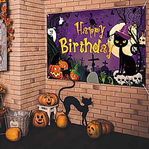 WovWeave Halloween Birthday Party Decorations 5.9 x 3.6 ft Happy Birthday Backdrop Banner Black Cat Evil Pumpkin Ghost Skull Banner for Halloween Birthday Photo Booth Background Indoor Outdoor Decor