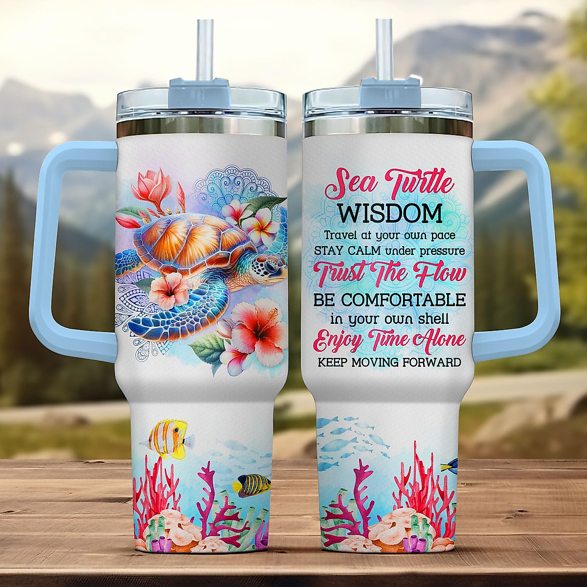 99OWL Tumbler 40 Oz With Handle Lid And Straw, Sea Turtle Hibiscus Floral Wisdom, Sea Turtle Gifts, Summer Light Insulated For Flower Beach Blue Tumblers Royal Myrtle Women