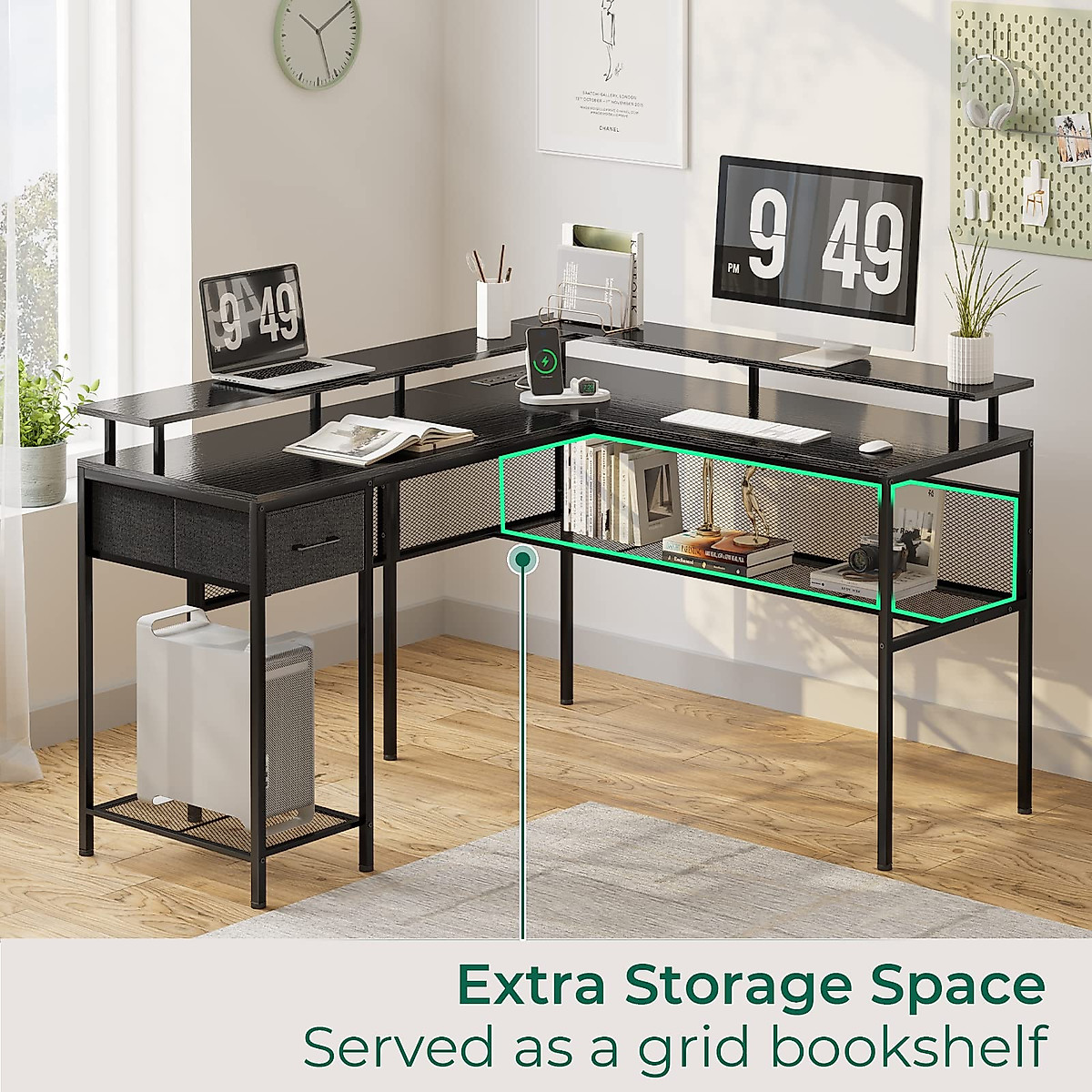 Huuger L Shaped Desk Gaming Desk with LED Lights & Power Outlets, Computer Desk with Storage Shelves, Corner Desk Home Office Desk, Black