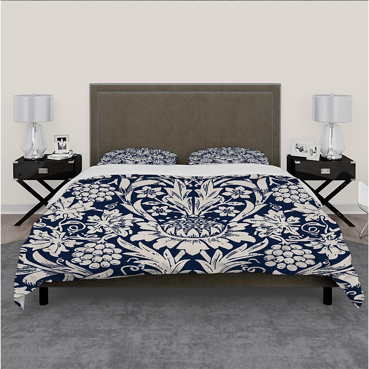 RIVINE Willam Morris Style Duvet Cover Set 3 Pieces Sunflowers Iris (Blue) Pattern Soft Bedroom Bedding Set with 2 Pillow Shams Zipper 4 Ties Full