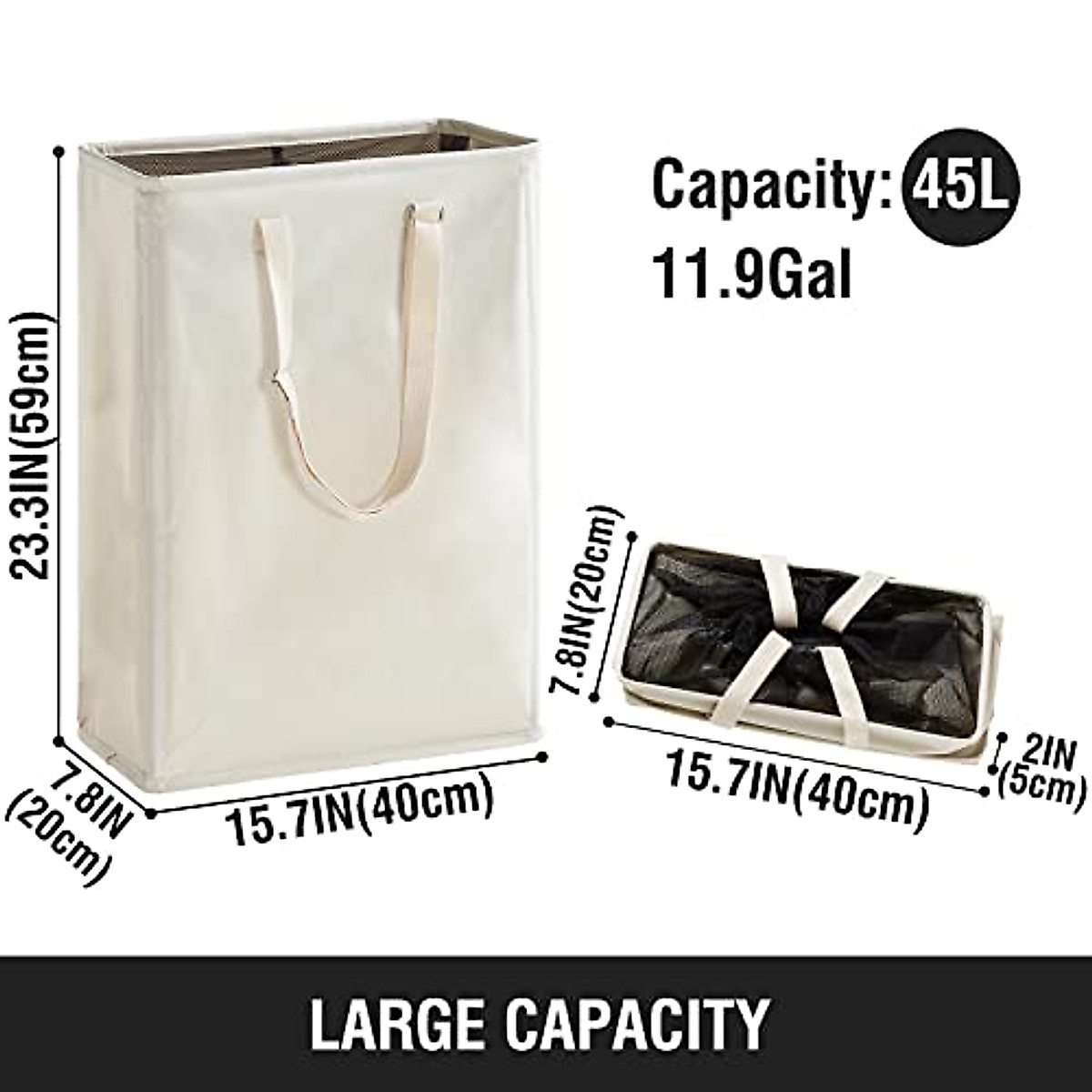 Slim Laundry Hamper with Adjustable Long Handles, 45L Small Laundry Baskets with Mesh Top, Narrow Dirty Clothes Hamper for Bedroom, Closet, and Bathroom - Beige