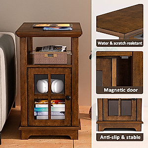 HIFYOBRO End Table with Hidden Charging Station, Narrow Side Table with Storage, Nightstand for Small Spaces with USB Ports & Power Outlets Bedside Table-Cherry