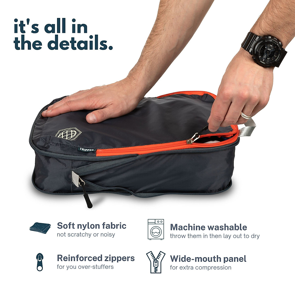 Compression Packing Cubes for Travel-Luggage and Backpack Organizer Packaging Cubes for Clothes (Grey and Orange, 6Piece)