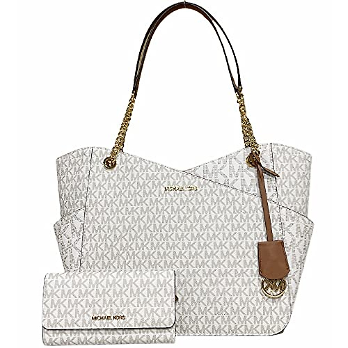MICHAEL Michael Kors Jet Set Travel Large Chain Shoulder Tote bundled with Michael Kors Jet Set Trifold Wallet (Vanilla MK 2021)