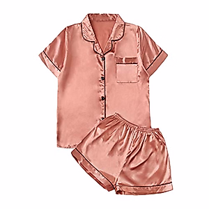 Verdusa Women's 2pc Satin Nightwear Button Front Sleepwear Short Sleeve Pajamas Set Pink M