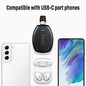 HUAENG Mini Keychain Portable Charger Power Bank Built in USB-C Connector,Emergency 1500mAh Power Pod Compatible with Samsung Galaxy S22, S21, S20, S10, Pixel, Moto, LG, Type-C Android Phones-Black