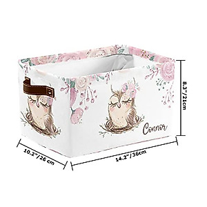 Pink Cute Floral Owl Personalized Storage Bins Box Baskets with Handle Cubes Clothes Basket Box for Women Christmas Office Holiday 1 Pack