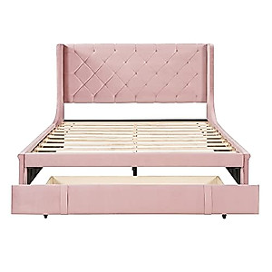 FIQHOME Queen Size Storage Bed,Velvet Upholstered Platform Bed with Wingback Headboard,Solid Wood Bed Frame with a Big Drawer,for Bedroom Guestroom,Easy Assembly,Pink