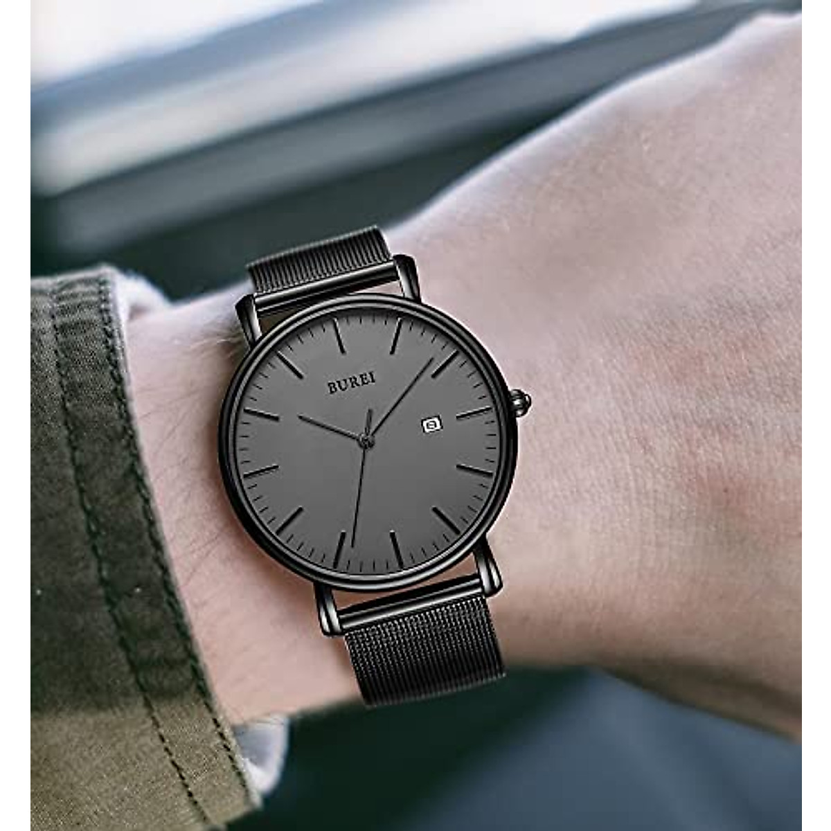 BUREI Men's Fashion Minimalist Wrist Watch All Black Waterproof Watches Simple Ultra Thin Watches Analog Quartz Date with Stainless Steel Mesh Band