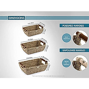 ADO Basics Wicker Basket with Stain Resistant Wooden Handles, Seagrass Wicker Baskets for organizing 14.6inchx10.5inchx5.3inch and 13inchx7.4inchx5.1inch and 9.5inchx6.6x4.5, Set of 3,Natural