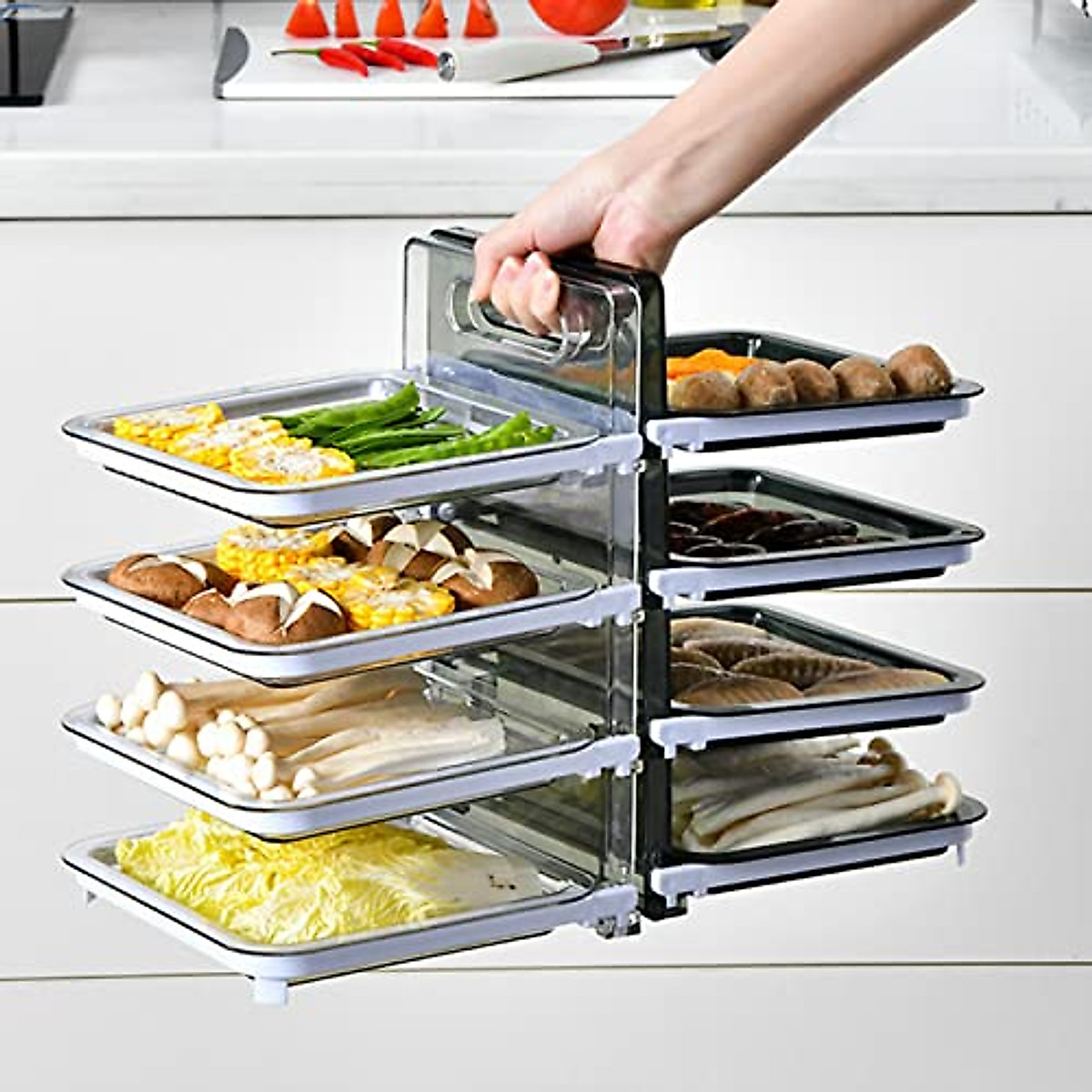 ZYLLZY Kitchen Side Dish Organization Rack, Wall Mounted Food Sorting Tray, Multilayer Food Sorting Tray, 4 Layers Storage Tray Collapsible Side Dish Stacking Storage for Hotpot Kitchen(Grey)