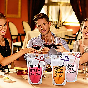 Patelai 24 Sets Drink Pouches with Straws Plastic Drink Bags with Zipper Party Beverage Bags Juice Pouches for Adults(Black Letters)