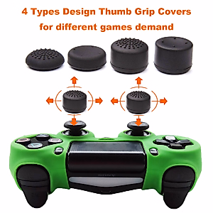 PS4 Controller Grips,Pandaren Studded Anti-Slip Silicone Cover Skin Set Compatible for PS4 /Slim/PRO Controller(Green Controller Skin x 1 + FPS PRO Thumb Grips x 8)