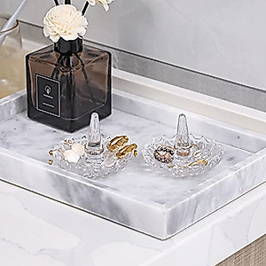 MyGift Clear Glass Ring Cone with Tray, Engagement Wedding Ring Holder with Round Starburst Design, Small Jewelry Ring Dish, Set of 2