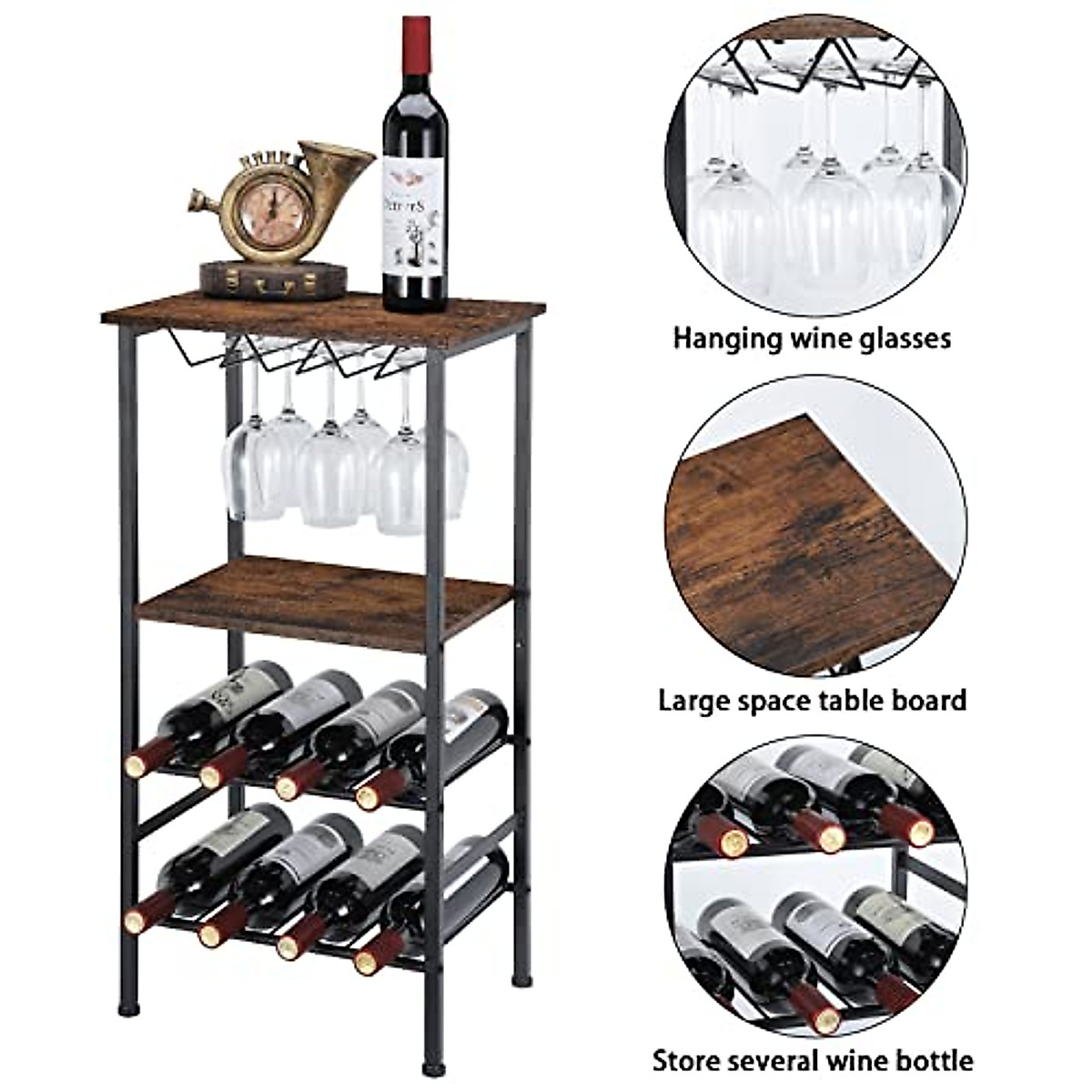 Wine Rack Table, FreeStanding Wine Bar Rack, Wine Bar Cabinet with GlassBottle Holder, Metal and Wood Industrial Wine Cabinet for Home, Floor Liquor Wine Cabinet Storage, for Bar Kitchen Dining