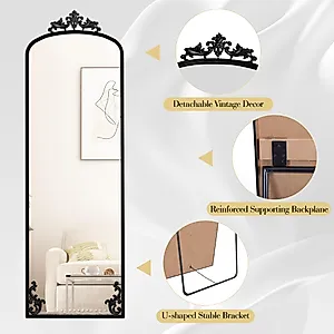 AZODY Arched Mirror Full Length with Stand, 65" x 21" Black Floor Length Mirror with Carved Metal Frame, Full Body Wall Mirror for Home Decor Wedding Entryway Living Room