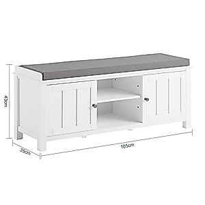 Haotian FSR35-W, White Storage Bench with 2 Doors, Shelf & Removable Seat Cushion, Shoe Cabinet, Shoe Bench